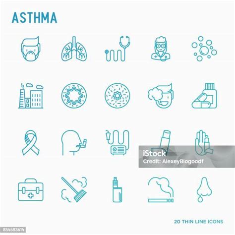 천식 선 아이콘 공기 오염 흡연 호흡기 치료사 흡입기 기관지 알레르기 증상과 알레르기 벡터 일러스트입니다 천식에 대한 스톡 벡터 아트 및 기타 이미지 Istock
