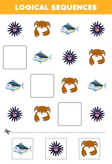 귀여운 만화 물고기 성게게 인쇄 가능한 수중 워크시트가 있는 아이들을 위한 논리 시퀀스를 위한 교육 게임 프리미엄 벡터