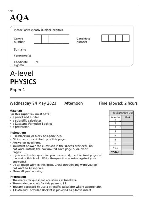 AQA A Level PHYSICS Paper JUNE QUESTION PAPER A Level PHYSICS Stuvia US