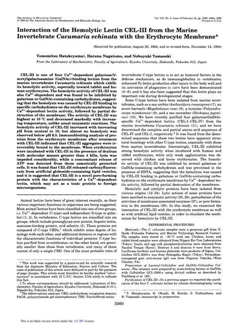 Pdf Interaction Of The Hemolytic Lectin Cel Iii From The Marine Invertebrate Cucumaria
