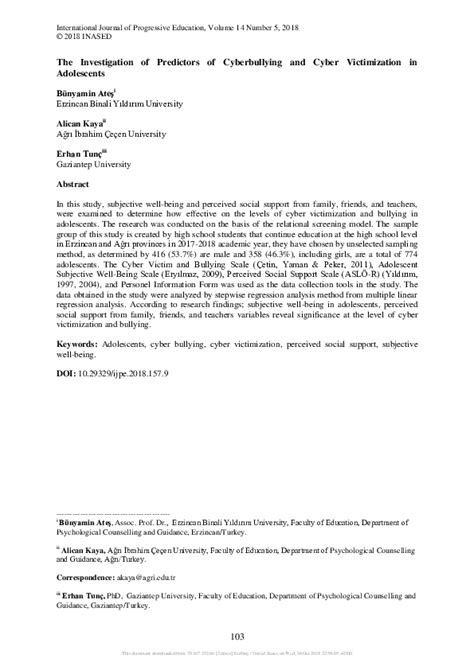 Pdf The Investigation Of Predictors Of Cyberbullyingand Cyber
