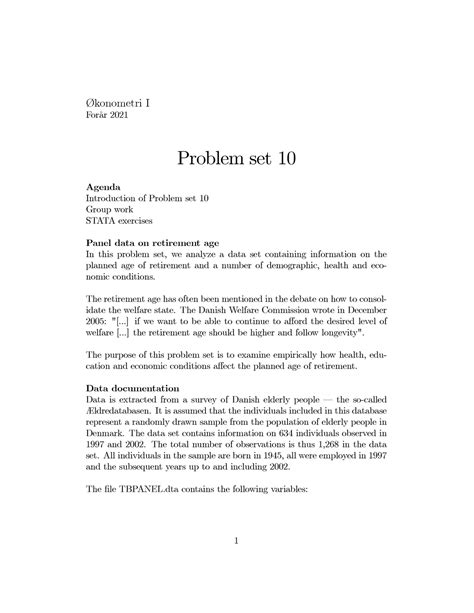 Econometric Problem Set 10 ÿkonometri I ForÂr 2021 Problem Set 10