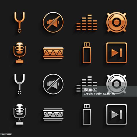 드럼 스테레오 스피커 빨리 감기 Usb 플래시 드라이브 마이크 음악 이퀄라이저 음악 소리굽쇠 및 스피커 음소거 아이콘을 설정합니다 벡터 Usb 케이블에 대한 스톡 벡터 아트