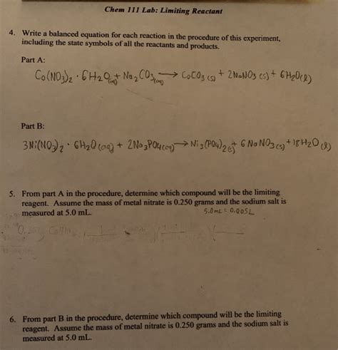 solved chem 111 lab limiting reactant 4 write a balanced