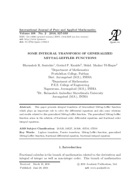 Pdf Some Integral Transform Of Generalized Mittag Leffler Functions