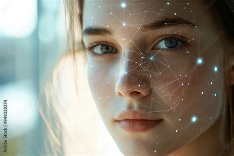 Stock Foto „white Womans Face With Futuristic Facial Recognition Technology Overlay Mapping