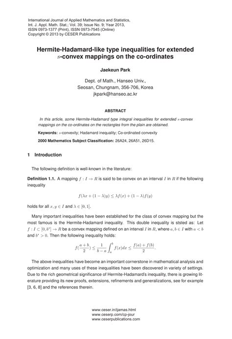 Pdf Hermite Hadamard Like Type Inequalities For Extended S Convex Mappings On The Co Ordinates