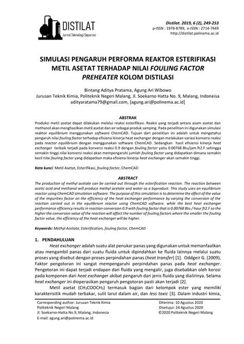 Pdf Simulasi Pengaruh Performa Reaktor Esterifikasi Metil Asetat
