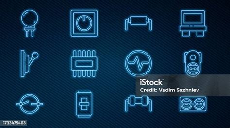 세트 라인 전기 콘센트 저항기 전기 미세 회로 Cpu 패널 발광 다이오드 구성표 및 전등 스위치 아이콘이 있는 프로세서 벡터 0명에 대한 스톡 벡터 아트 및 기타 이미지