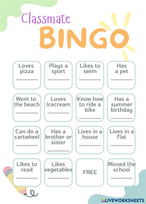 Classmate Bingo Free Interactive Worksheets 8004146
