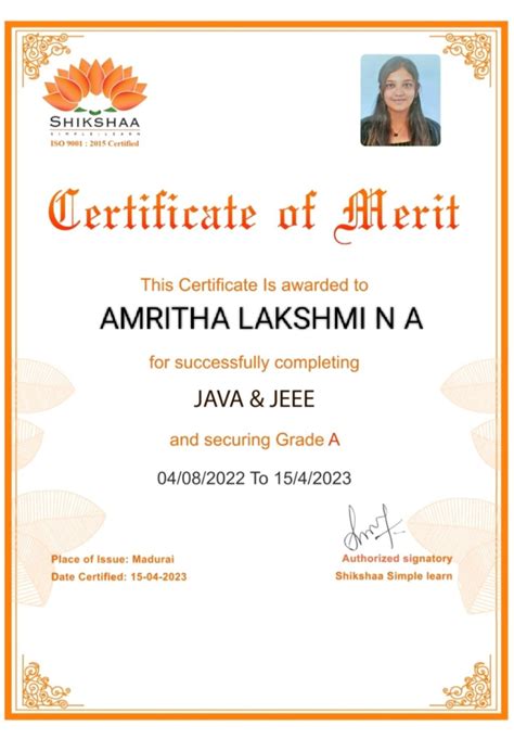 Amritha Lakshmi N A On Linkedin Feeling Elated To Share My Certificate Of Completion On Java
