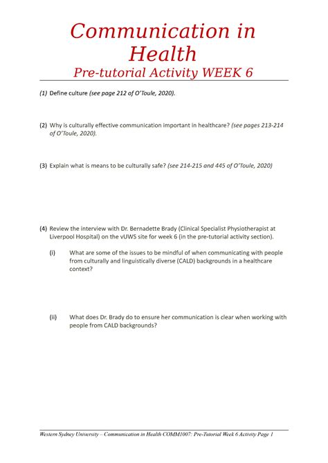 Comm1007 Pre Tutorial Activity Week 6 Communication In Health Pre Tutorial Activity Week 6 1