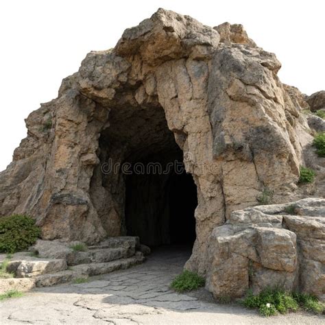 Stone Cave Entrance 3d Render Isolated On White Background Stock