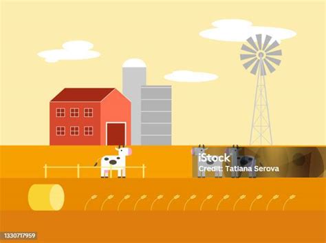 농장에서 행복한 소 목장 헛간 건초 더미 옥수수의 귀 오래된 스타일의 풍차 국가 생활 귀여운 손으로 익사 만화 플랫 디자인 벡터 캐릭터 일러스트 고정 직물 인쇄 웹 디자인