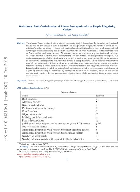Pdf Variational Path Optimization Of Linear Pentapods With A Simple Singularity Variety