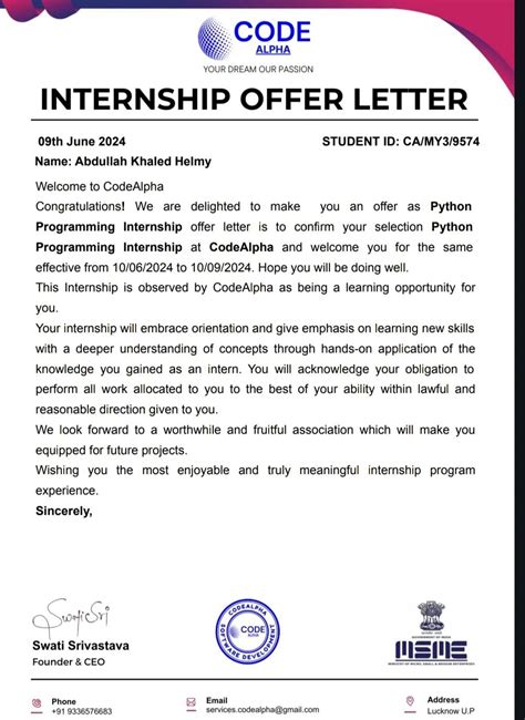 Accepted Codealpha Internship In Python Abduallah Helmy Posted On The