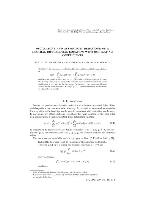 Pdf Oscillatory And Asymptotic Behaviour Of A Neutral Differential Equation With Oscillating