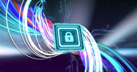 Image Of Icon With Digital Padlock And Circuit Board Over Network Of Fibre Optic Strands Stock