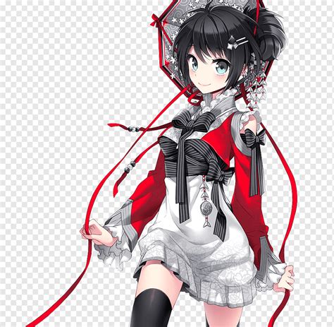 흰색과 빨간색 드레스 애니메이션 캐릭터 일러스트 애니메이션 A 애니메이션 소녀를 입고 여자 Cg 아트 워크 검은 머리