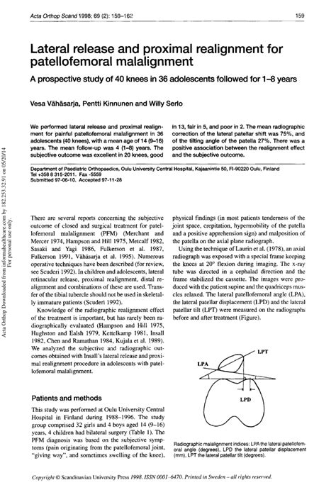 Pdf Lateral Release And Proximal Realignment For Patellofemoral Malalignment A Prospective