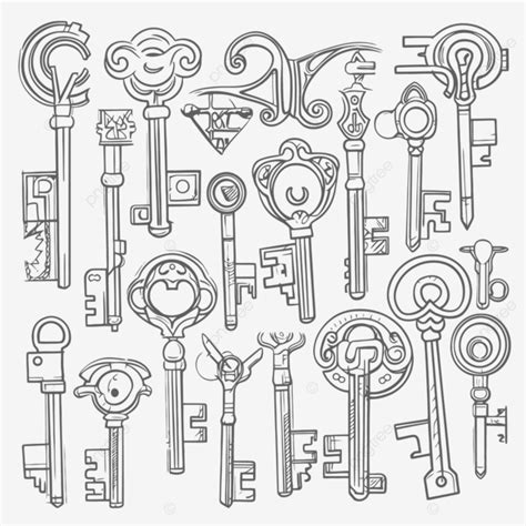 Many Hand Drawn Keys Are Shown On White Outline Sketch Drawing Vector