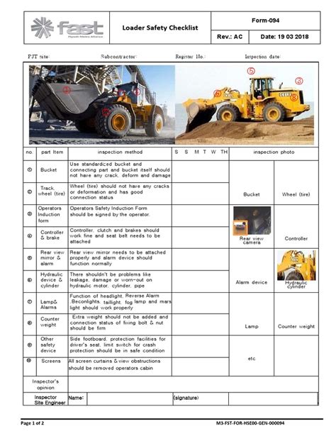 Form 094 Loader Safety Checklist Pdf Loader Equipment Car Body