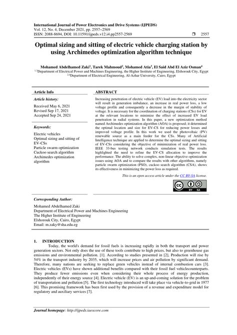 PDF Optimal Sizing And Sitting Of Electric Vehicle Charging Station By Using Archimedes