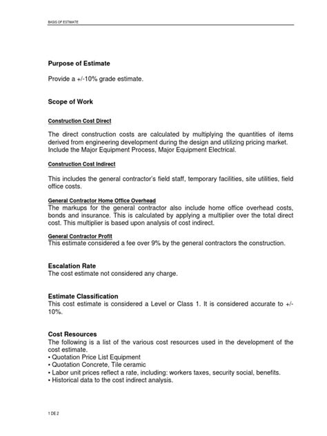 Basis Estimate Template Pdf Business Business Economics