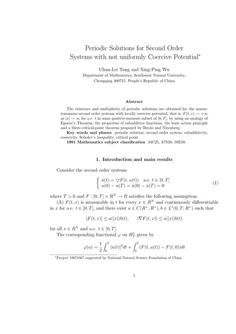 Pdf Periodic Solutions For Second Order Systems With Not Uniformly Coercive Potential