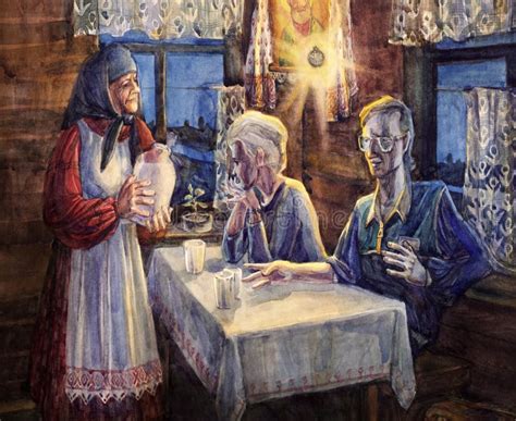 Pintura Acuarela Abuela Trata A Los Invitados Con Leche Foto De