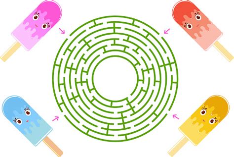 사랑스러운 만화 캐릭터와 다채로운 라운드 미로 재미있는 아이스크림 아이들을위한 흥미롭고 유용한 게임 흰색 배경에 격리 된 간단한 평면 벡터 그림입니다 개념에 대한 스톡 벡터