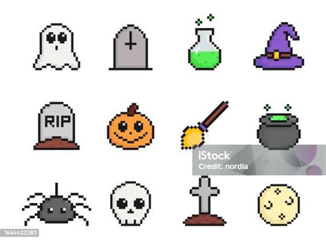 할로윈 픽셀 아트 세트 아이콘 빈티지 8 비트 80 년대 90 년대 게임 컴퓨터 아케이드 게임 아이템 유령 무덤 독 마녀 모자 호박 빗자루 가마솥 거미 두개골 달 벡터 그림