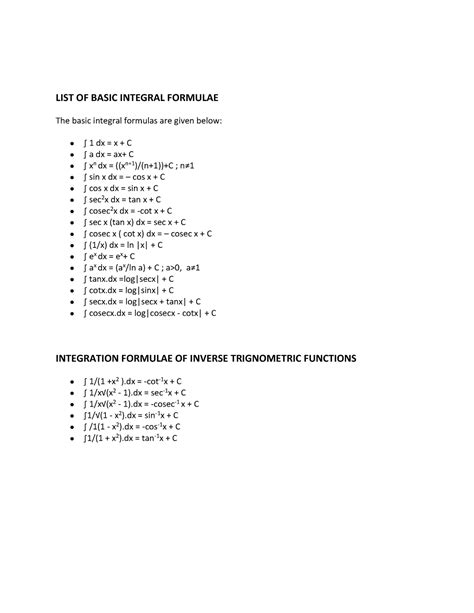 Integration Formulae Converted List Of Basic Integral Formulae The