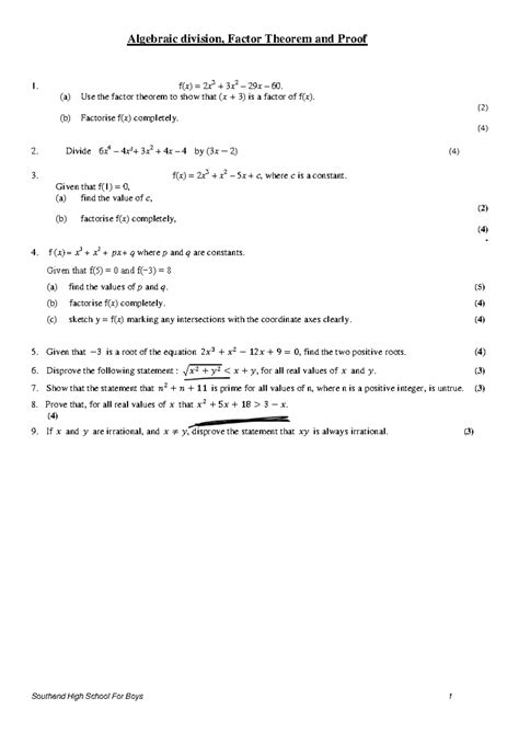 Section 7 Algebraic Division Factor Theorem And Proof Southend High