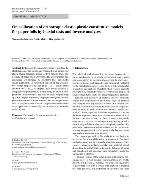 pdf on calibration of orthotropic elastic plastic constitutive models for paper foils by