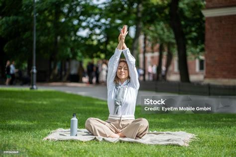 공원에서 잔디밭에 담요에 명상 요가를 하는 차분한 여자 소녀는 스트레칭 연꽃 자세에 앉는다 45 49세에 대한 스톡 사진 및 기타 이미지 Istock