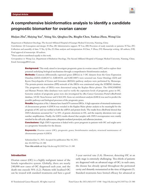 A Comprehensive Bioinformatics Analysis To Identify A Candidate Prognostic Biomarker For Ovarian