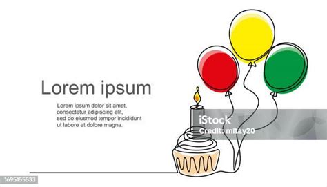 생일 컵케이크와 풍선의 연속 선 그리기 장식과 촛불이 있는 컵케이크 생일 축하 개념은 흰색 배경에 분리되어 있다 손으로 그린 디자인 벡터 그림 0명에 대한 스톡 벡터 아트