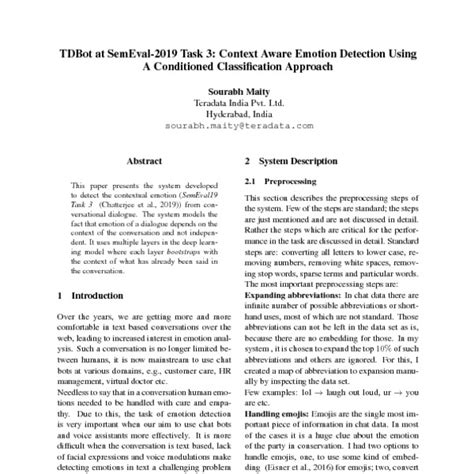 Tdbot At Semeval 2019 Task 3 Context Aware Emotion Detection Using A Conditioned Classification
