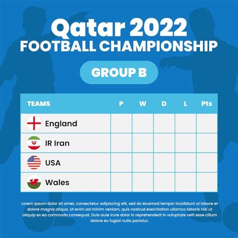 축구 선수권 대회 그룹 B 테이블 다이어그램 템플릿 프리미엄 벡터