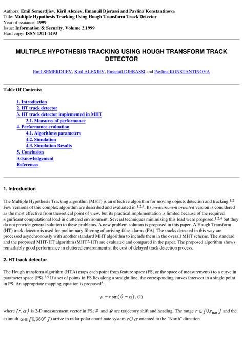 Pdf Multiple Hypothesis Tracking Using Hough Transform Track Detector