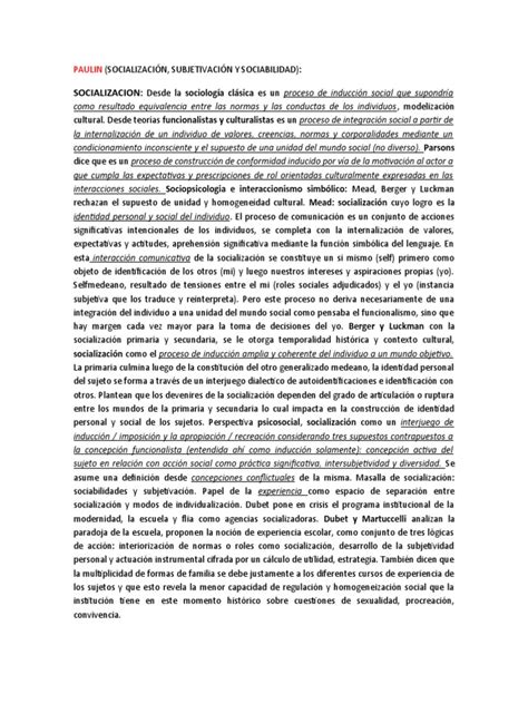 Paulin Socialización Subjetivación Y Sociabilidad Pdf