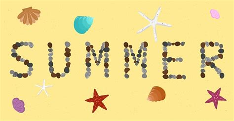 여름 해변 배경 말씀 여름 은 모래에 돌로 배치 조개와 불가사리로 배너 포스터 또는 배경을 계절에 따라 다시즌 벡터 일러스트레이션 조개 껍데기에 대한 스톡 벡터 아트 및