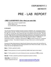 Lab Density EXPERIMENT DENSITY PRE LAB REPORT PRE LAB REPORTS Due When You Enter Lab