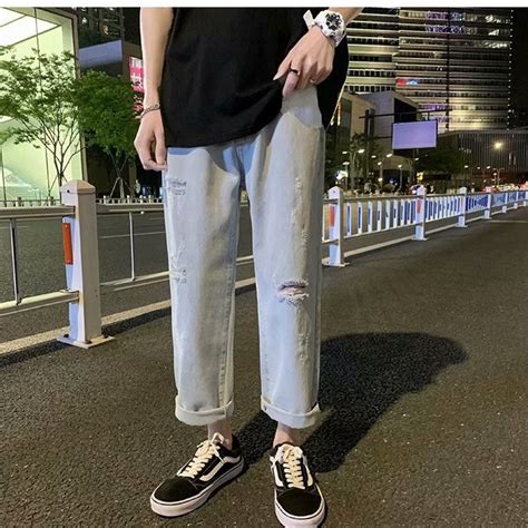 กางเกงยีนส์ขายาวสําหรับผู้ชายผ้าลายขาดสไตล์ฮาราจูกุ 9 Points Hole Oneione Th Thaipick
