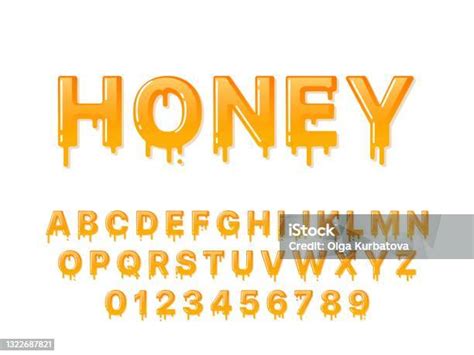 꿀 글꼴 물방울이있는 시럽 대문자와 숫자를 흐르는 용융 디자인 알파벳 달콤하고 끈적끈적한 대문자 기호 세트 액체 알파벳 표시 벡터 서예 컴퓨터 글자에 대한 스톡 벡터 아트