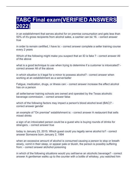 TABC Final Exam VERIFIED ANSWERS TABC Stuvia US