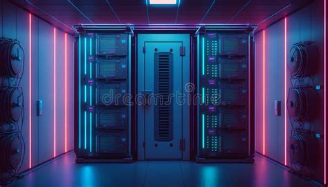 3d Rendering Server Room Data Center With Glowing Lights In The Dark