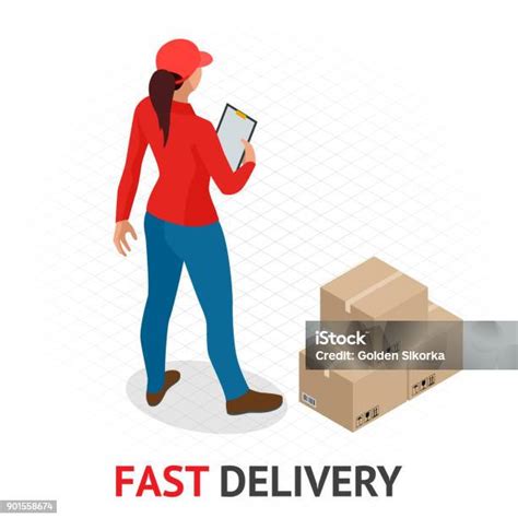 이성질체 빠르고 무료 배달 개념입니다 빨간색 유니폼 들고 상자와 문서 배달 여자 택배 주문에서 소녀 시 배송 일함에 대한 스톡