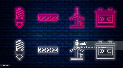 설정 라인 전기 확장 코드 풍력 터빈 Led 전구 및 자동차 배터리 벽돌 벽에 빛나는 네온 아이콘입니다 벡터 0명에 대한 스톡 벡터 아트 및 기타 이미지 Istock